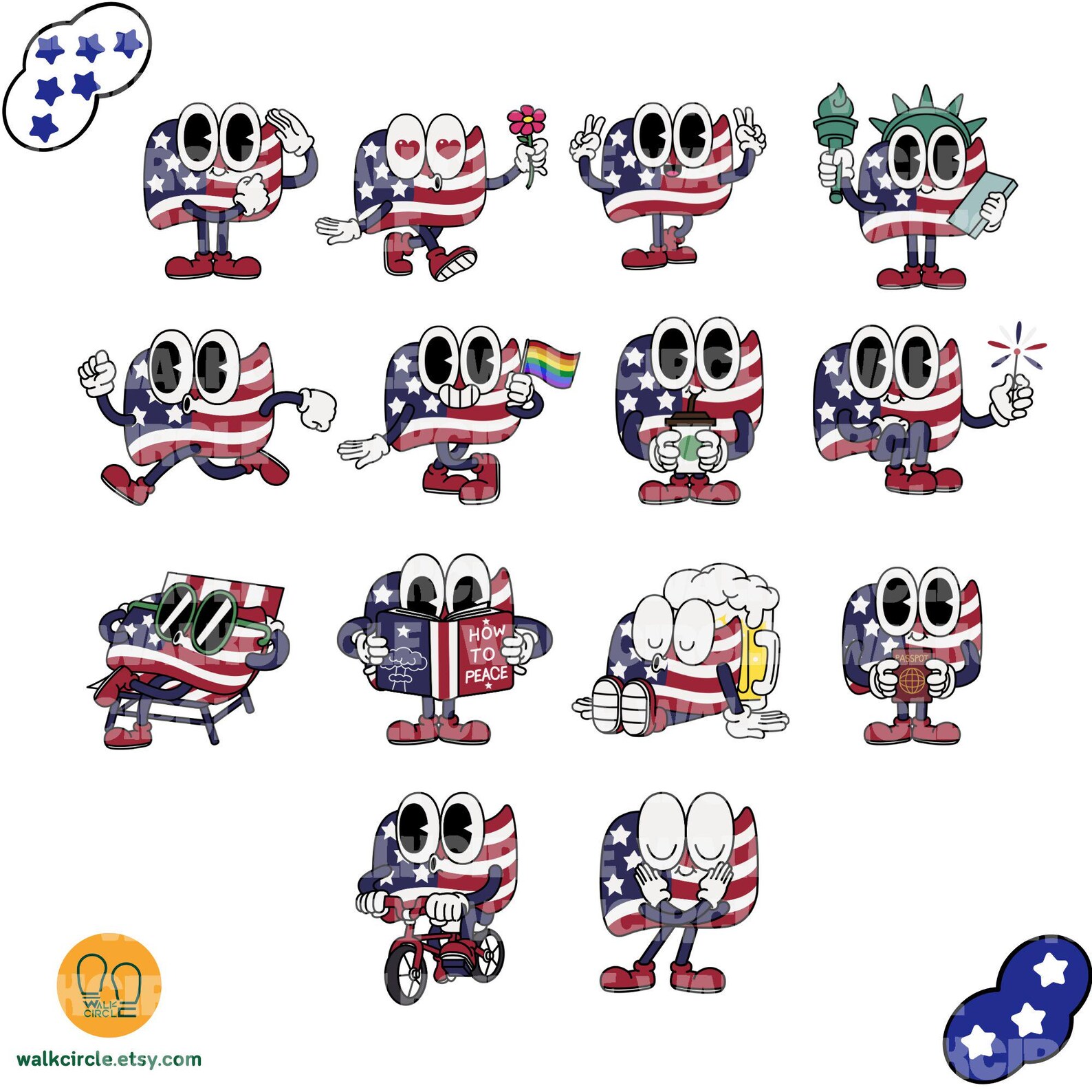 Retro USA Flag Cartoon Characters 4th of July Clipart Vintage Patriotic ...