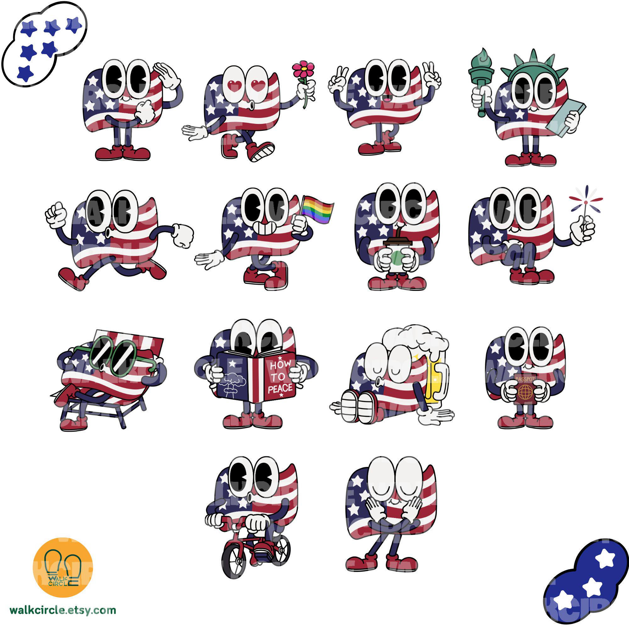 Retro USA Flag Cartoon Characters 4th of July Clipart Vintage Patriotic ...