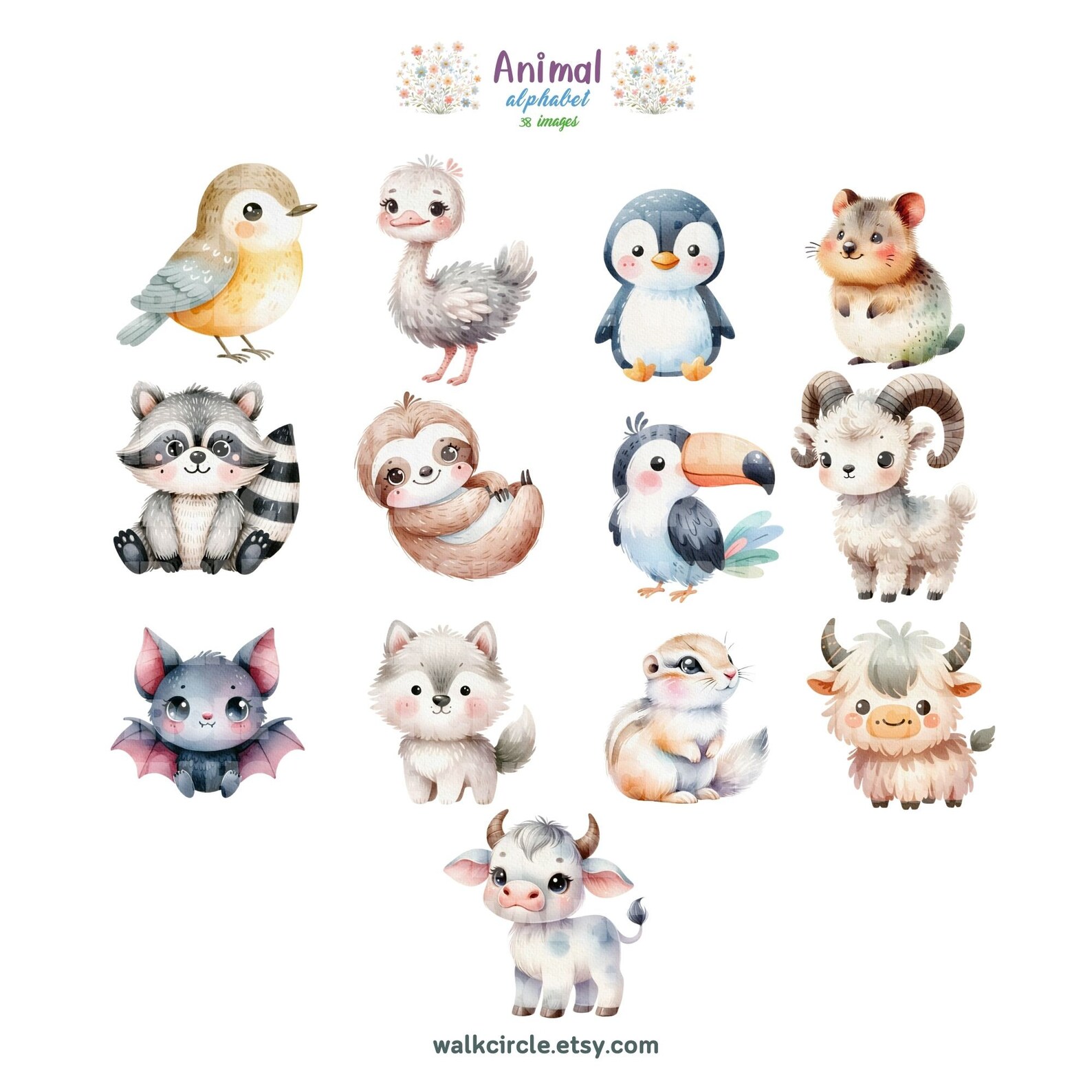 Watercolor Animal Alphabet Babies Clipart. Alphabet Animal Nursery Art ...