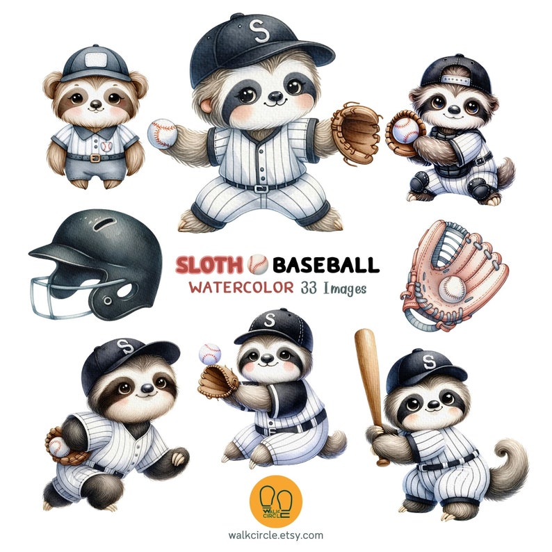 Sloth Watercolor Clipart, Baseball Watercolor Clipart, 26 PNG Cute ...