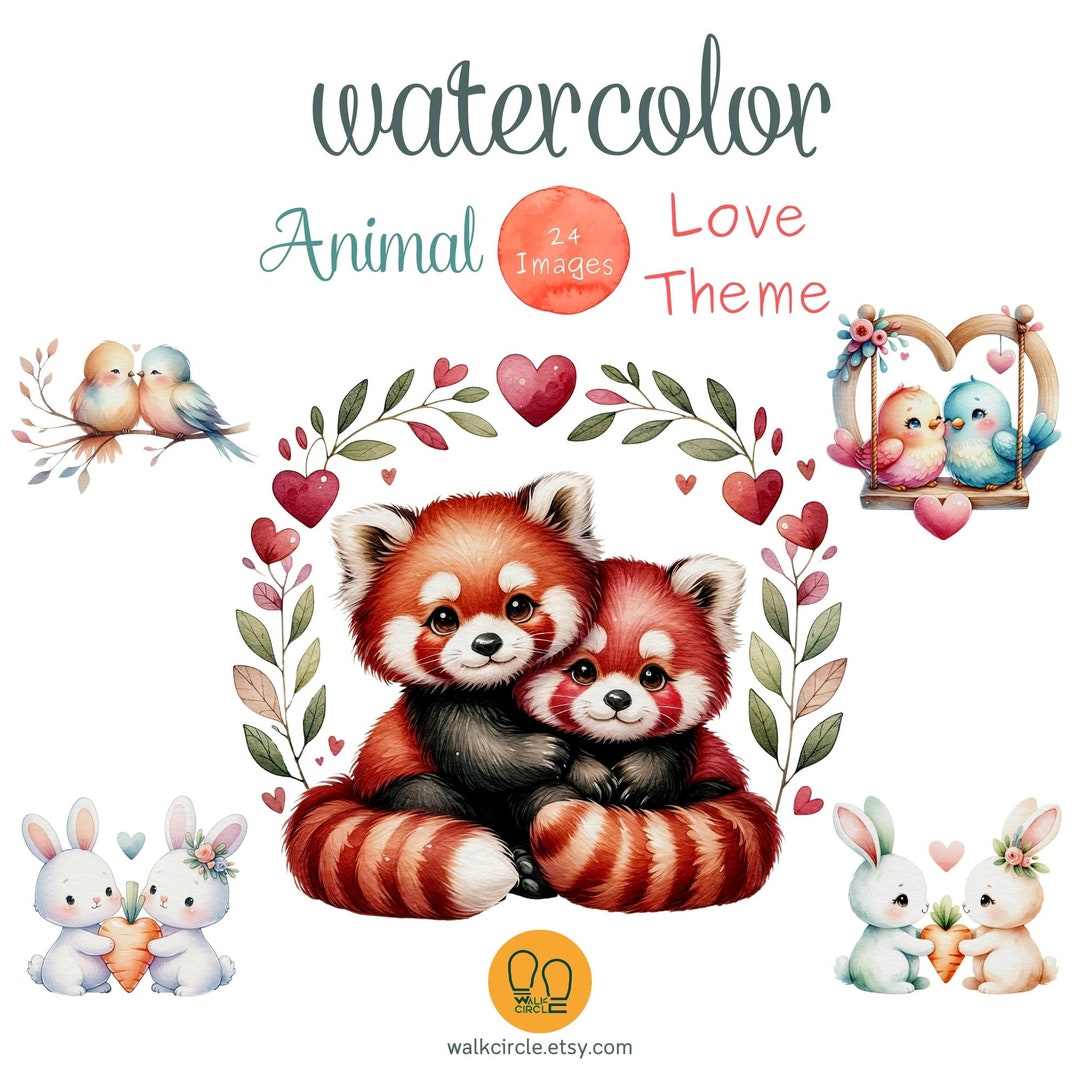 Animal Love Theme Watercolor Clipart, 24 PNG Animal Watercolor Clipart ...