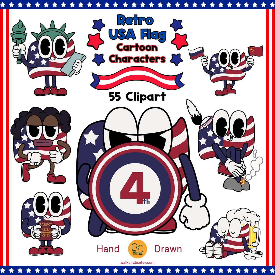 Retro USA Flag Cartoon Characters 4th of July Clipart Vintage Patriotic ...