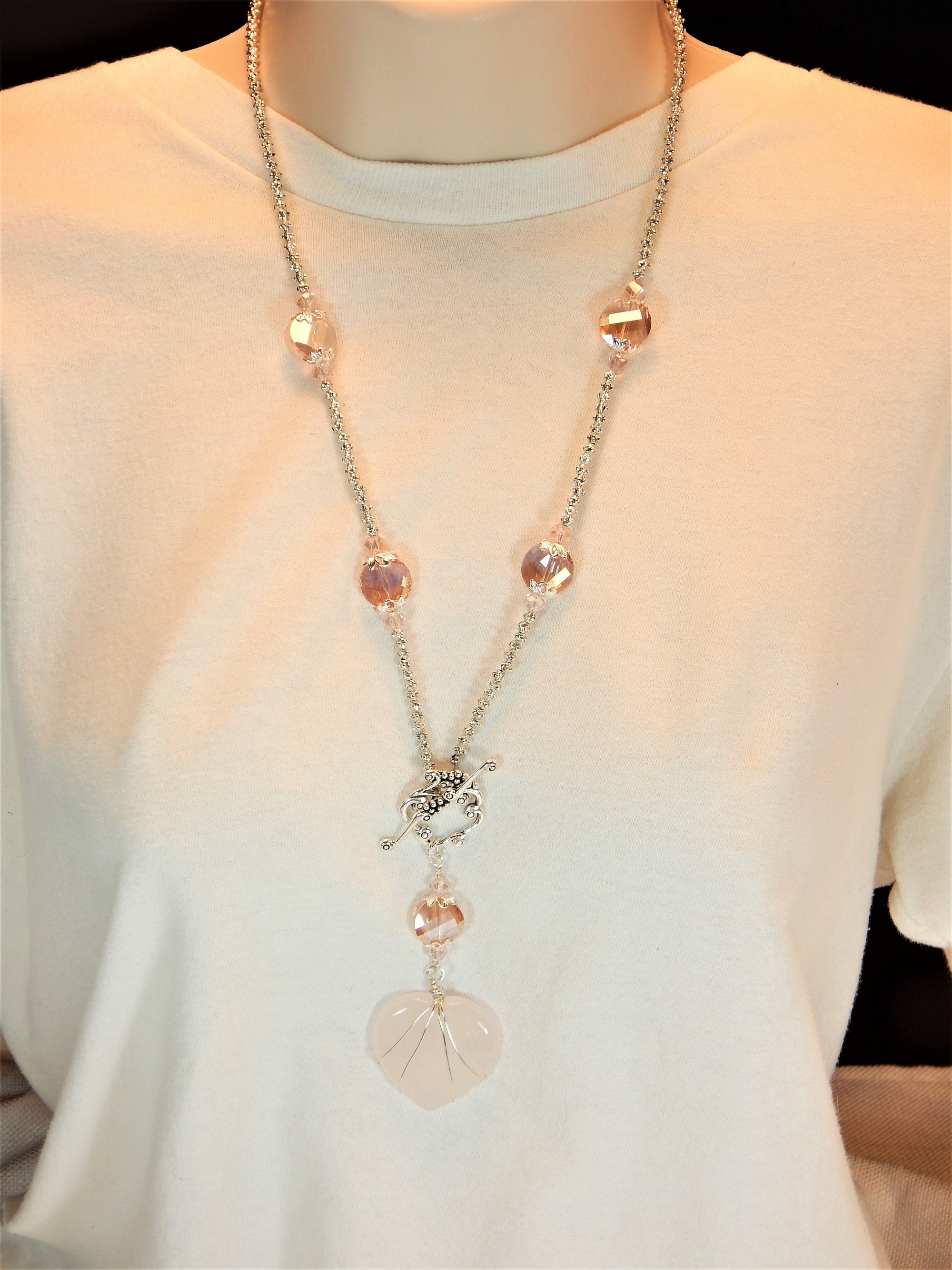 Rose Quartz Heart and Crystal Front Closure Necklace N30 | Etsy