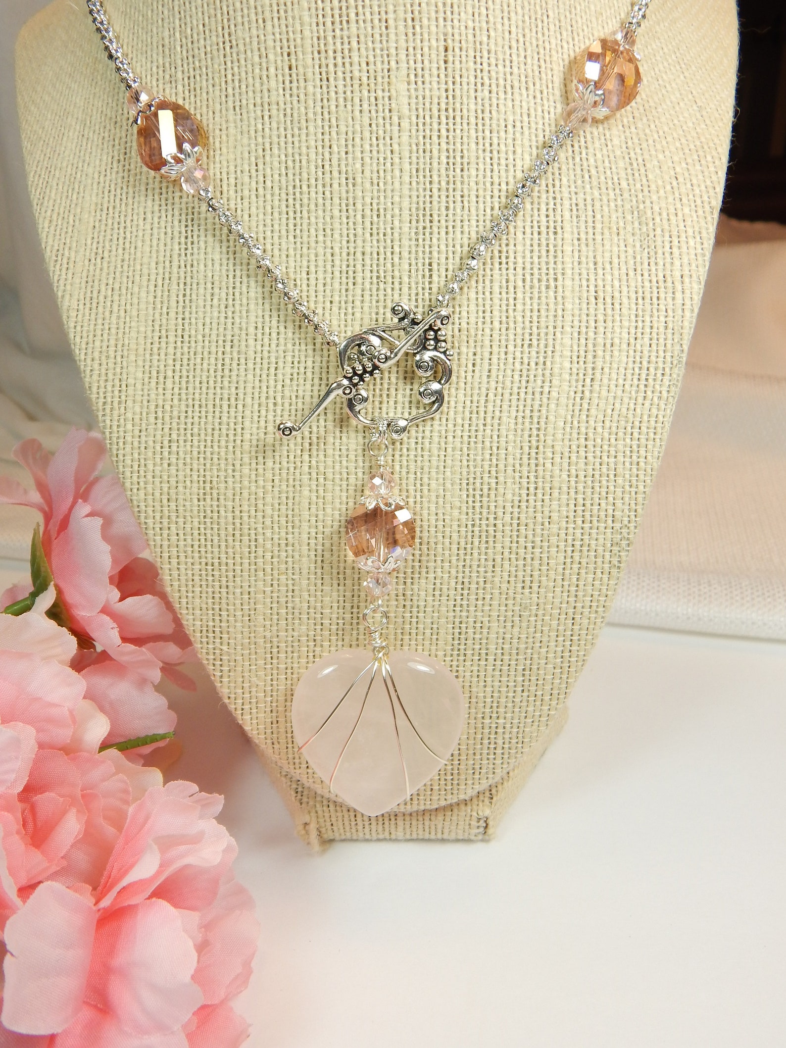 Rose Quartz Heart and Crystal Front Closure Necklace (N30) - Etsy