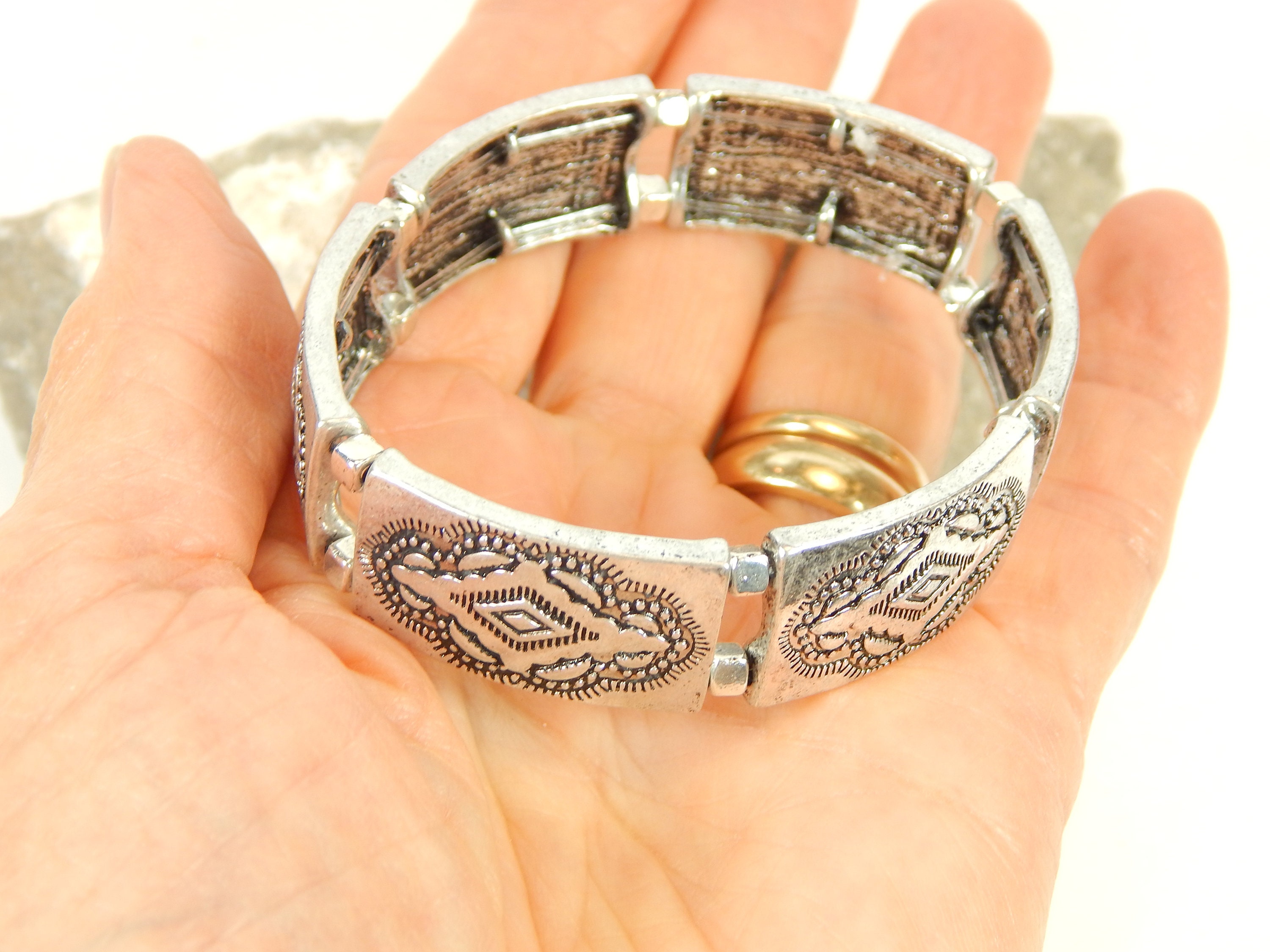Stretch Bracelet With Silver Aztec Pattern B153 - Etsy
