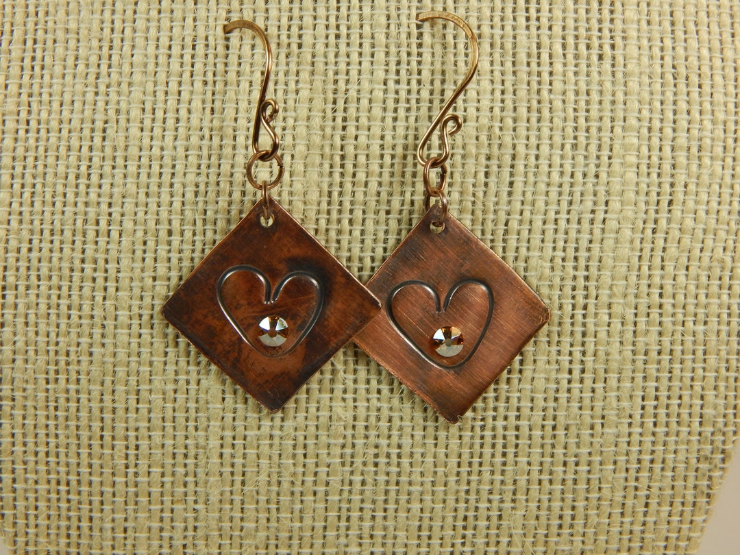 Copper Embossed Heart and Crystal Earrings (E113) - Etsy
