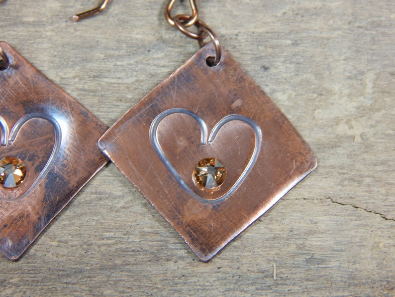 Copper Embossed Heart and Crystal Earrings (E113) - Etsy