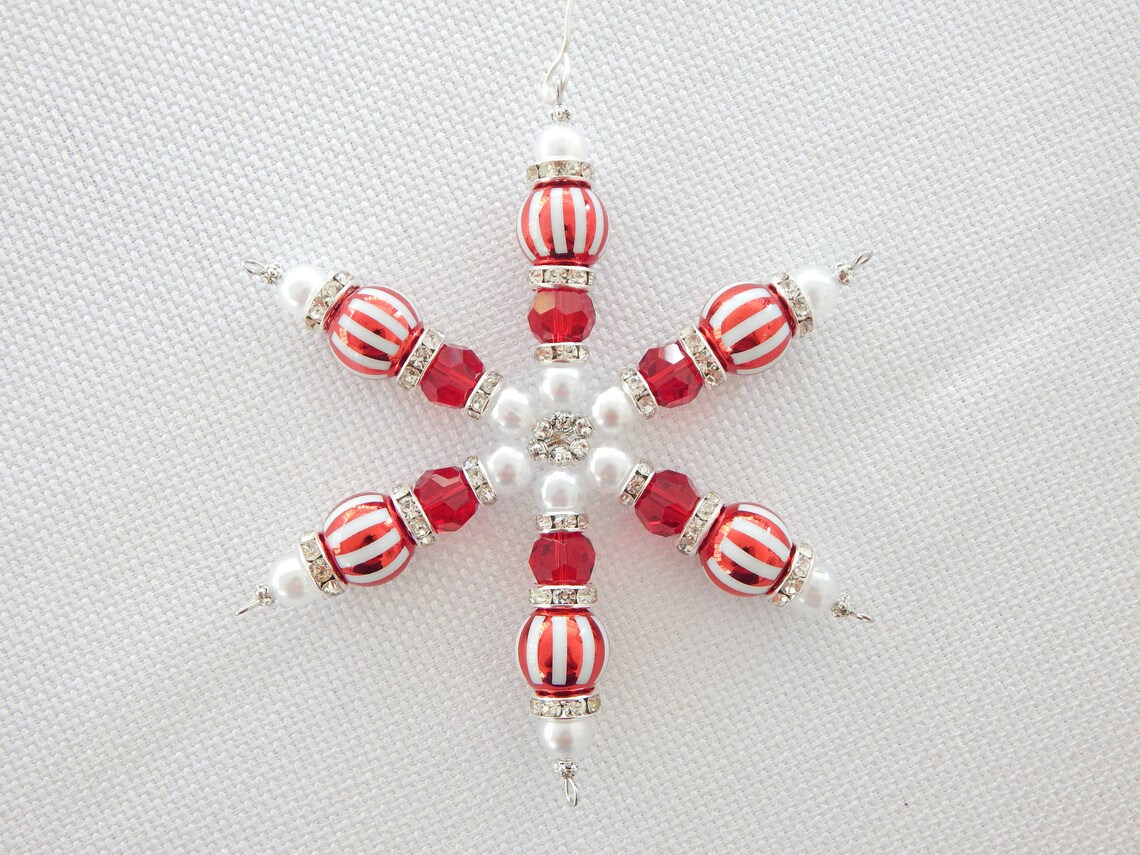 Red and Pearl Striped Snowflake Christmas Ornament S34 | Etsy