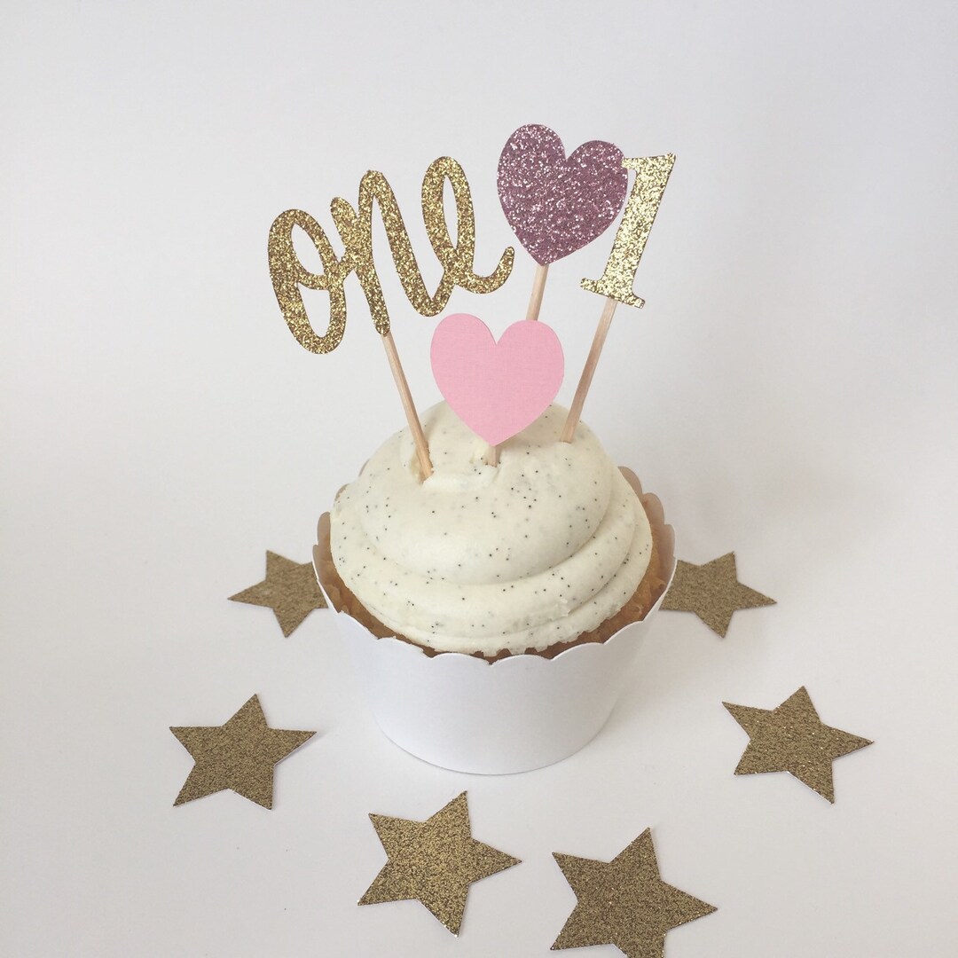Pink and Gold Cupcake Toppers, 1 Cupcake Toppers, First Birthday ...