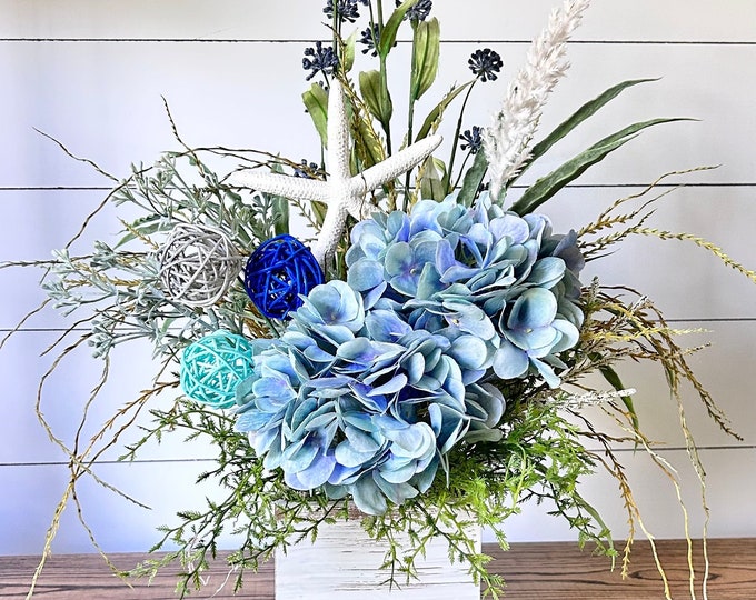 Coastal Flower Centerpiece, Teal Blue and White Floral Arrangement ...