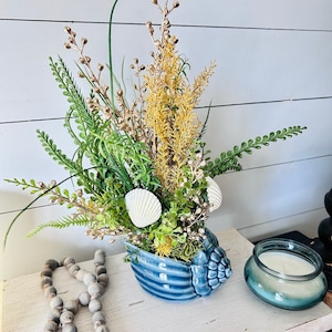 Coastal Flower Centerpiece, SMALL Blue Sea Shell Planter and Starfish ...