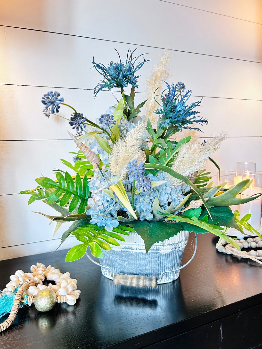 Coastal Flower Centerpiece Arrangement , Teal Blue and White Hydrangea ...
