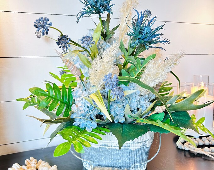 Coastal Flower Centerpiece Arrangement , Teal Blue and White Hydrangea ...