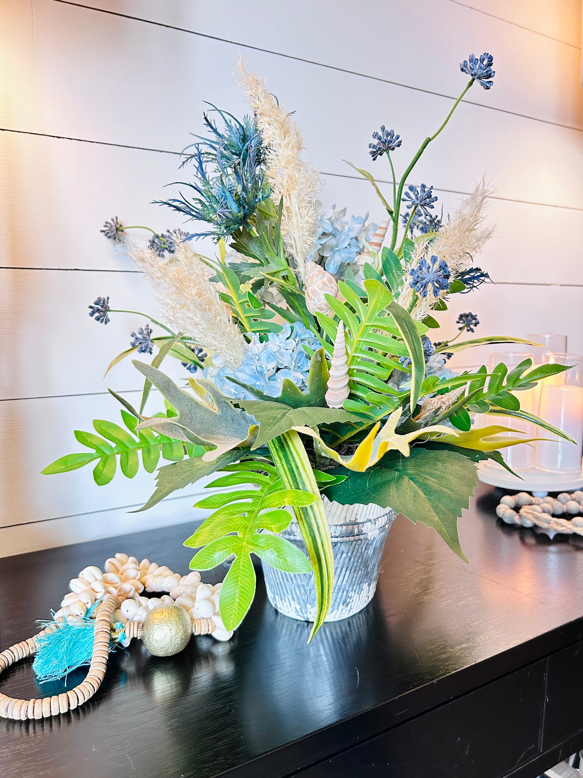 Coastal Flower Centerpiece Arrangement , Teal Blue and White Hydrangea ...
