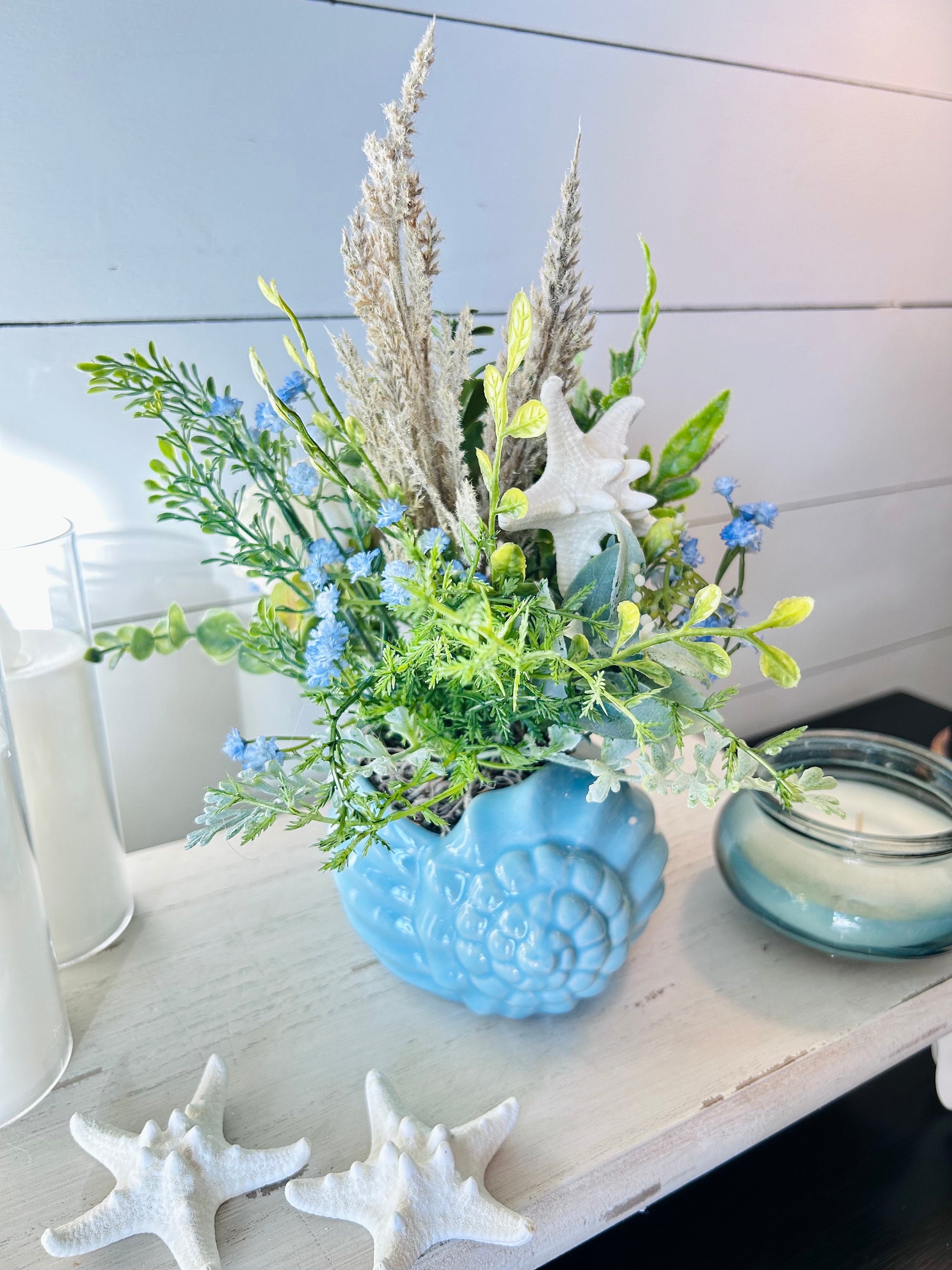 Coastal Flower Centerpiece, SMALL Blue Sea Shell Planter and Starfish ...