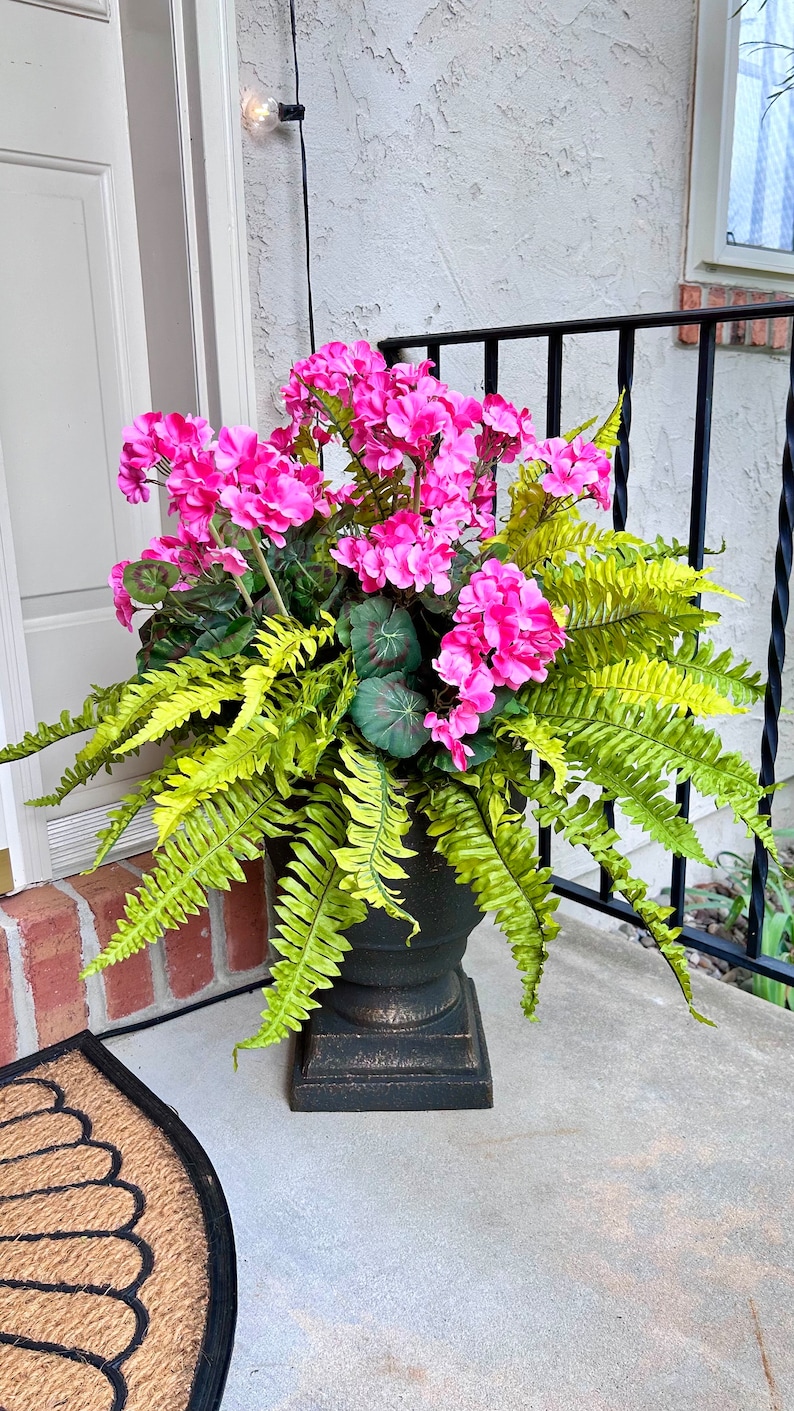 Faux Pink Geranium & Fern Urn Filler: Spring Porch Arrangement - Etsy
