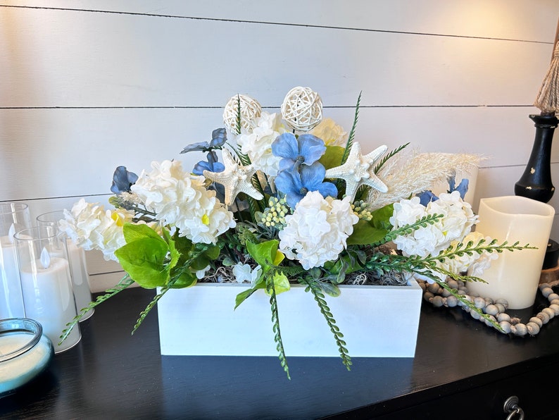 Coastal Flower Centerpiece, White Hydrangea Long Floral Arrangement ...