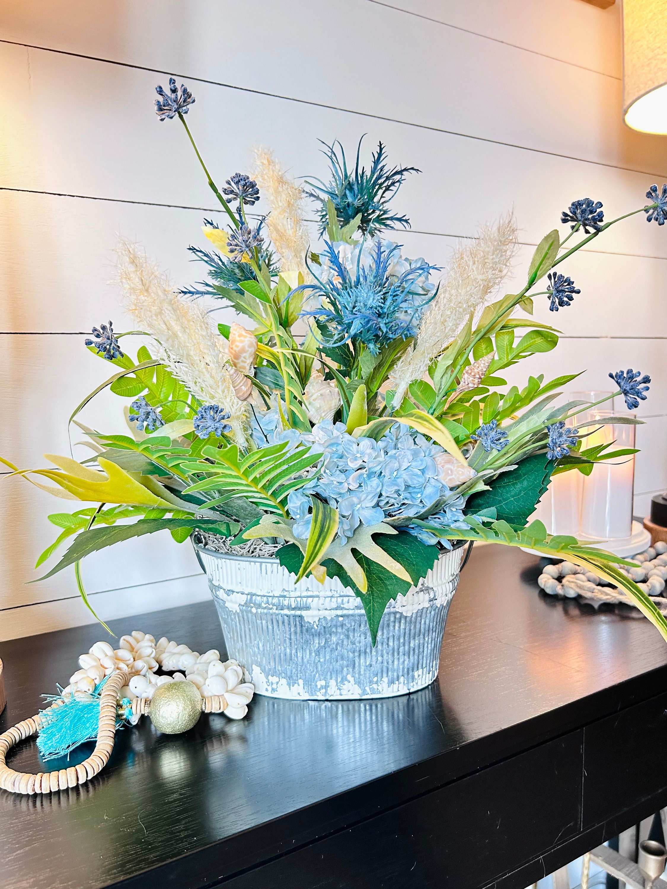 Coastal Flower Centerpiece Arrangement , Teal Blue and White Hydrangea ...