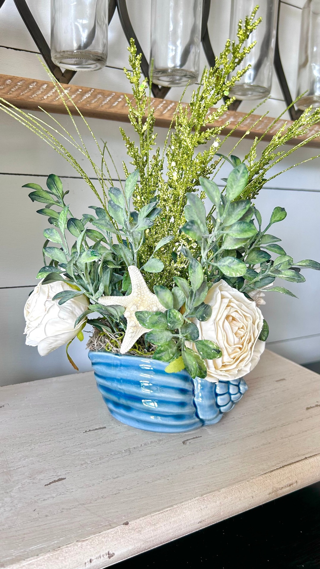 Coastal Flower Centerpiece SMALL Blue Sea Shell Planter and - Etsy