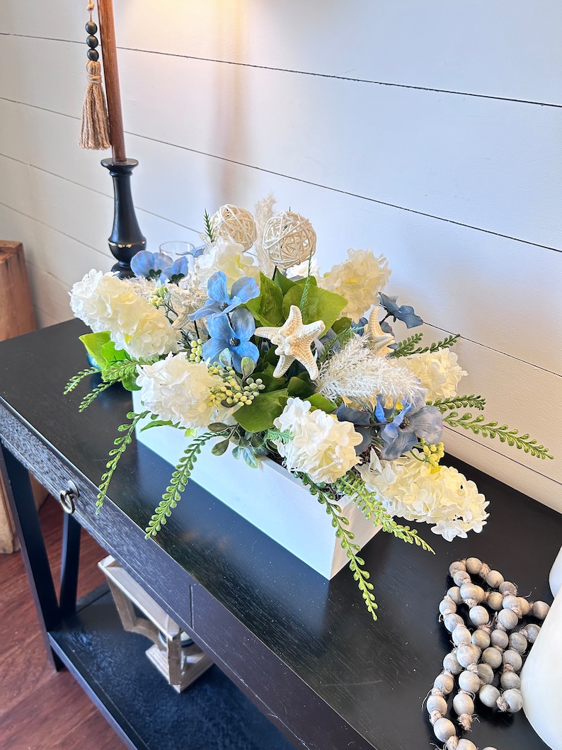 Coastal Flower Centerpiece, White Hydrangea Long Floral Arrangement ...
