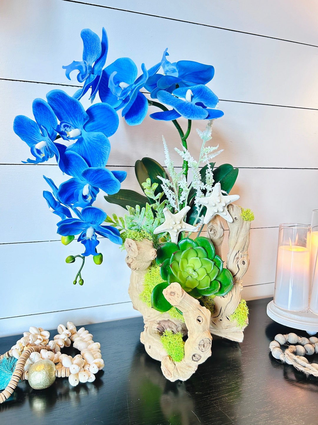 Coastal Blue Orchid and Driftwood Flower Centerpiece, Beach Coastal ...