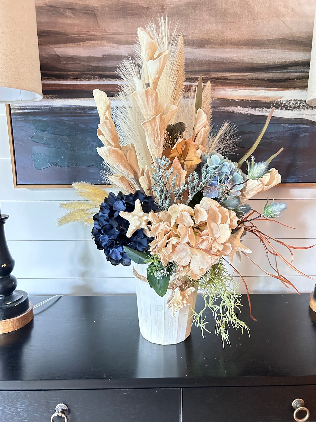 Coastal Hydrangea Centerpiece: Nautical Faux Floral Arrangement - Etsy