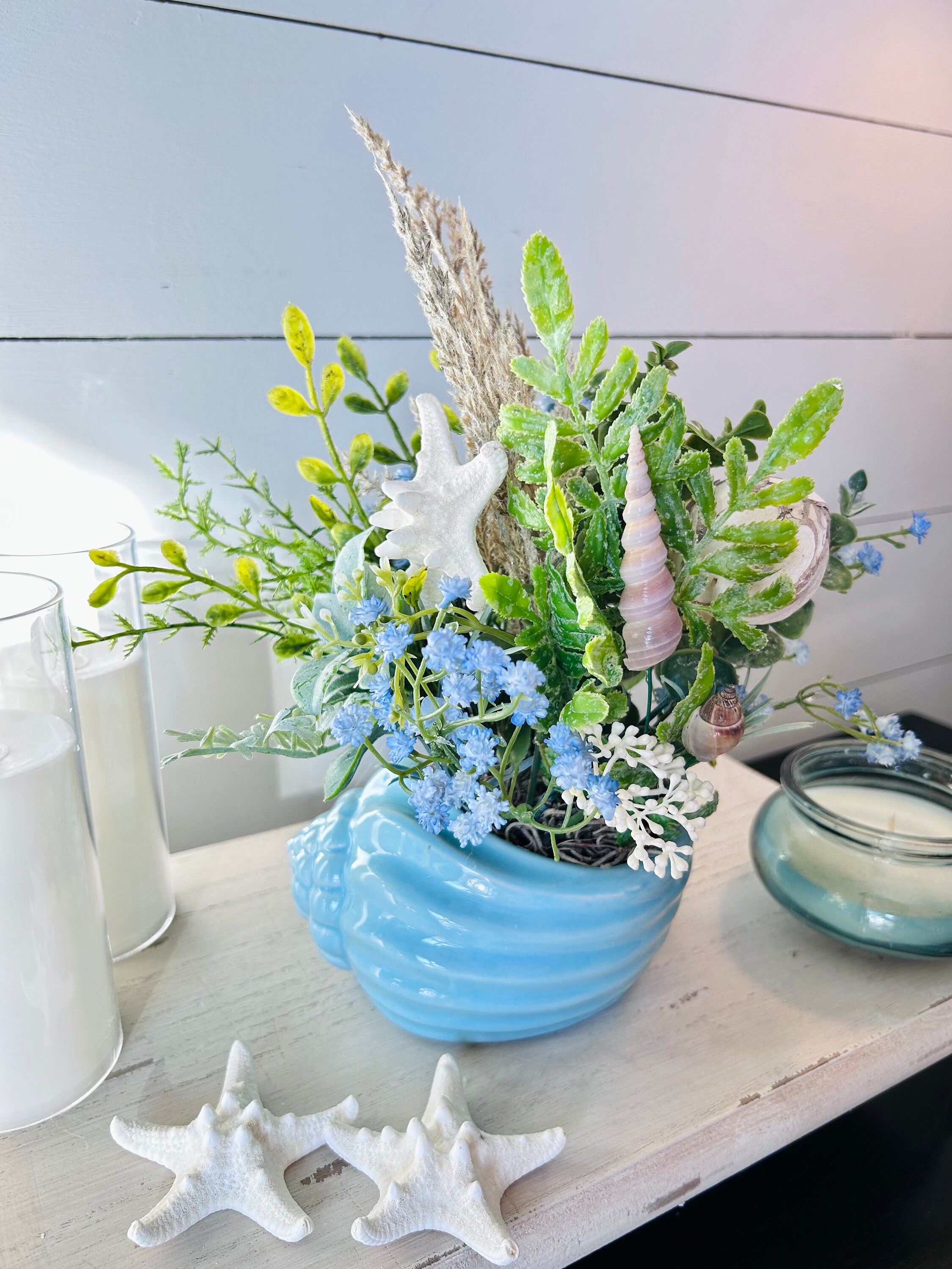 Coastal Flower Centerpiece, SMALL Blue Sea Shell Planter and Starfish ...