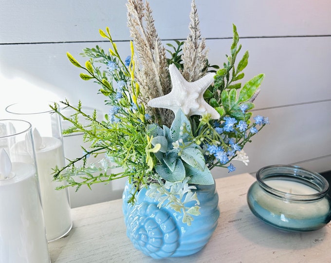 Coastal Flower Centerpiece, SMALL Blue Sea Shell Planter and Starfish ...