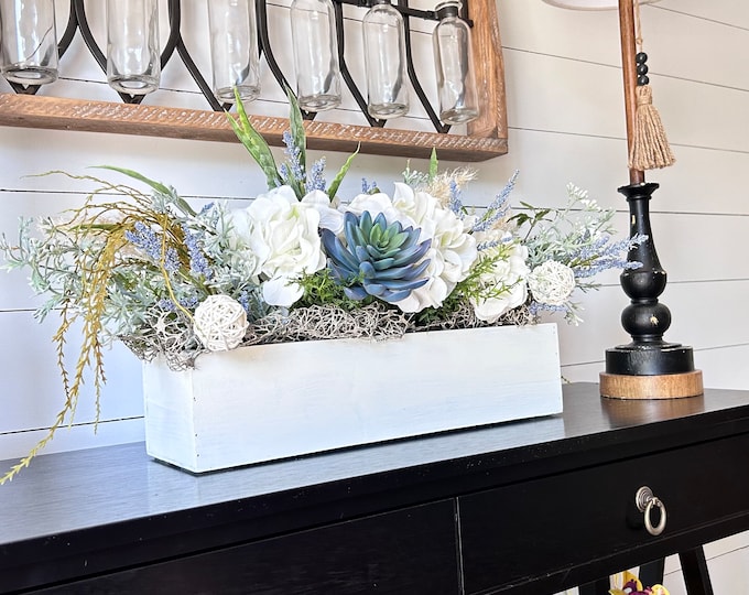 Coastal Flower Centerpiece, Teal Blue and White Floral Arrangement ...