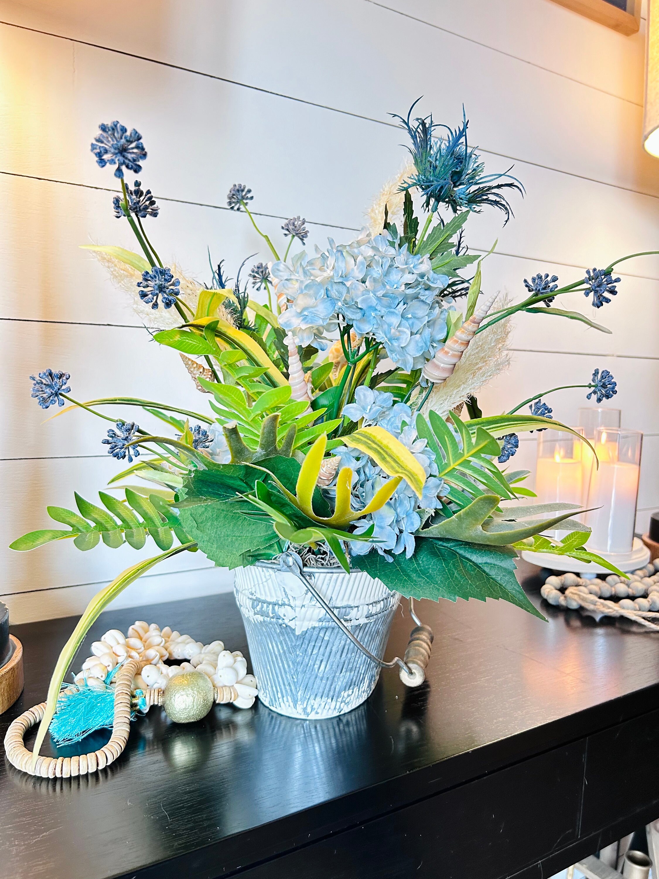 Coastal Flower Centerpiece Arrangement , Teal Blue and White Hydrangea ...