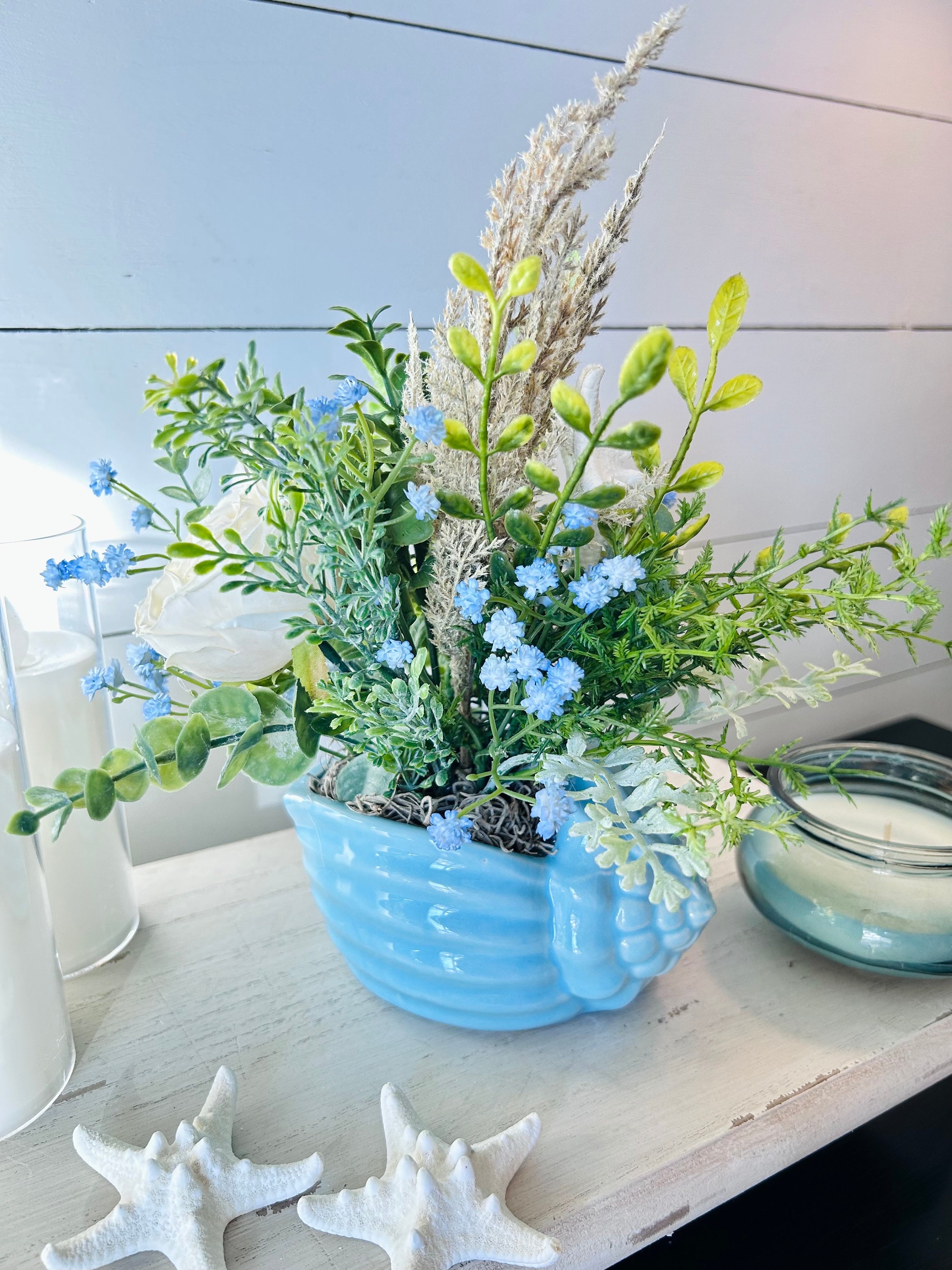 Coastal Flower Centerpiece, SMALL Blue Sea Shell Planter and Starfish ...