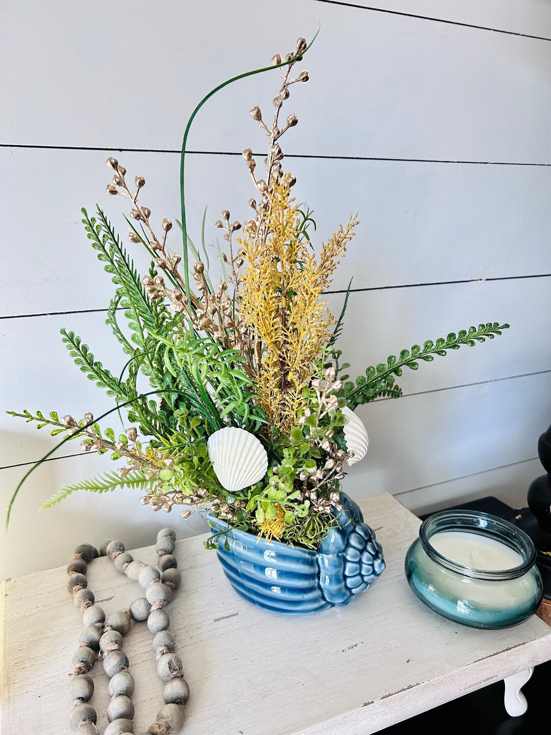 Coastal Flower Centerpiece, SMALL Blue Sea Shell Planter and Starfish ...