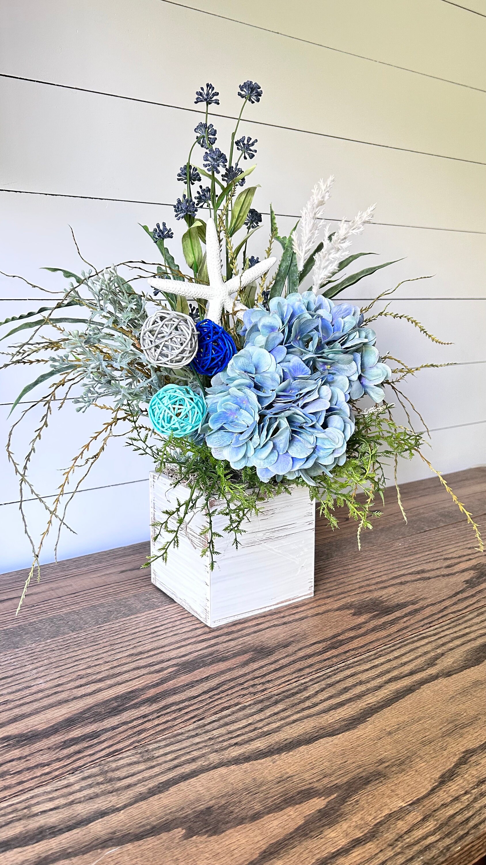 Coastal Flower Centerpiece, Teal Blue and White Floral Arrangement ...