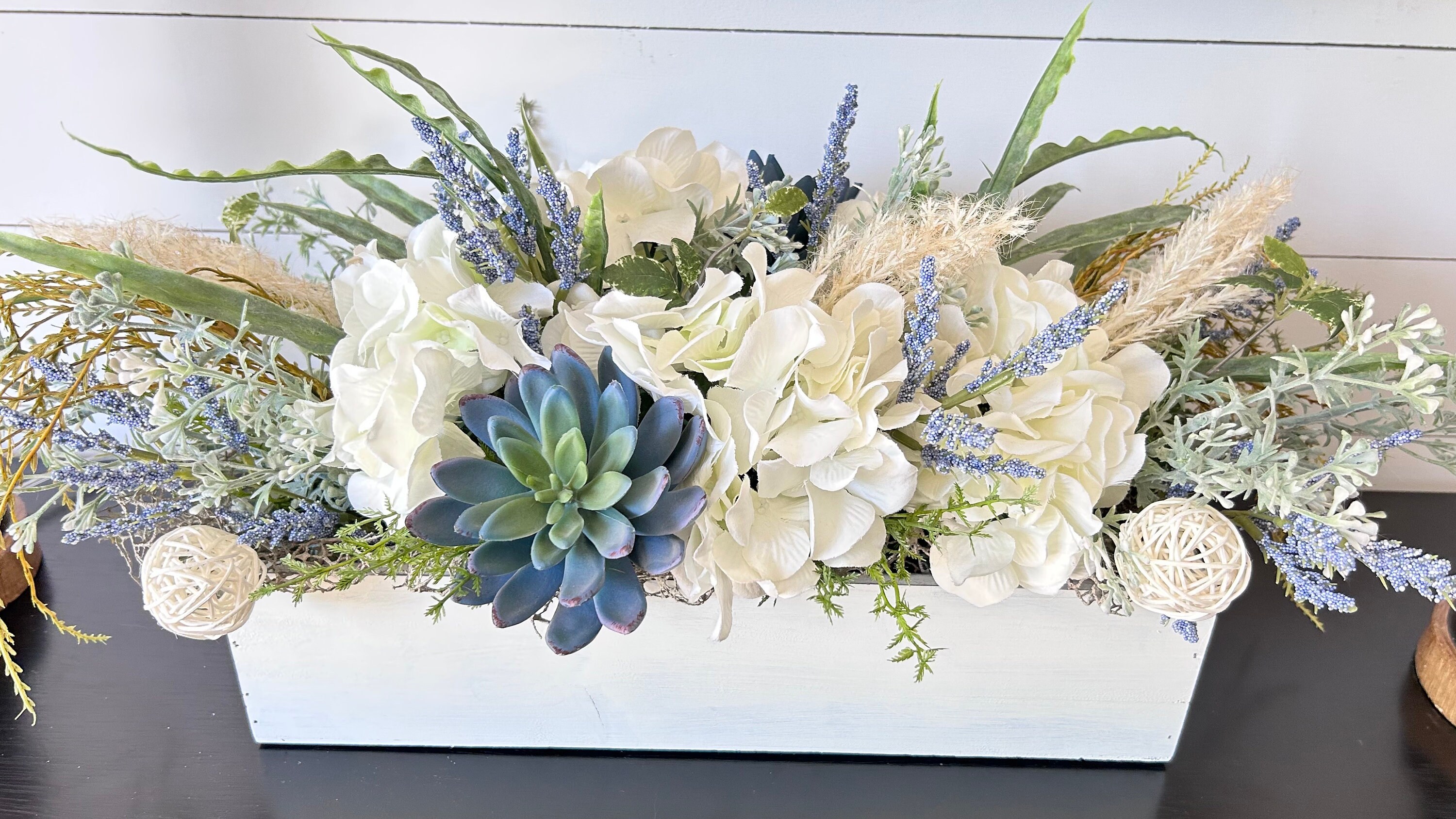 Coastal Flower Centerpiece, White Hydrangea Long Floral Arrangement ...