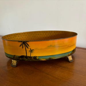 Vintage Tin Footed Dish Antique Oblong Metal Centerpiece Palm Trees ...