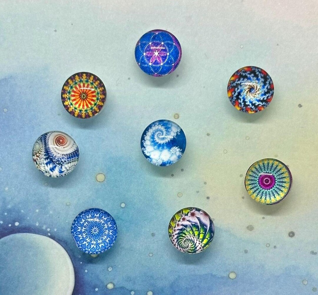 PSYCHEDELIC SWIRL Push Pins Mixed Bag 1/2" Glass Cabochon Gift Set of 8 ...