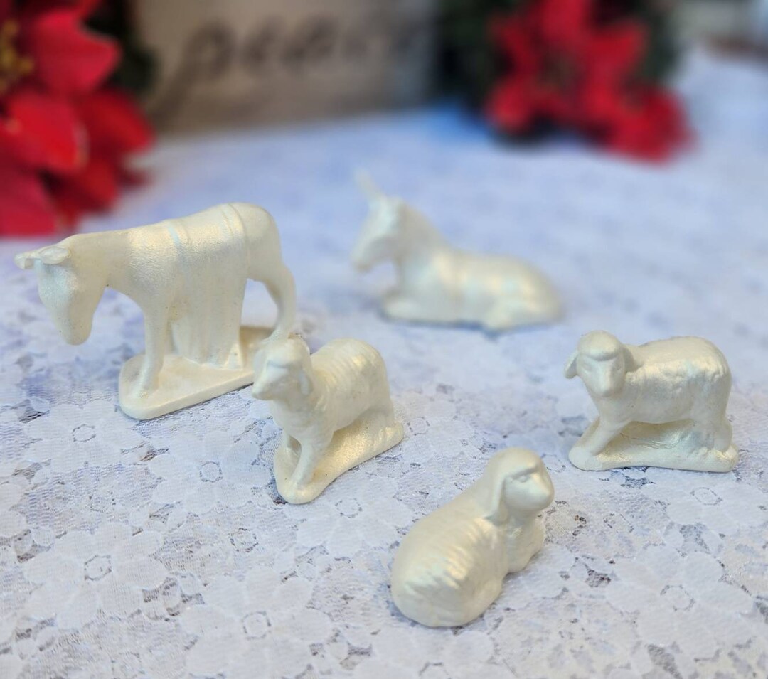 Three Tiny Sheep and Two Donkeys broken Horns, Ivory Cream Shimmer ...