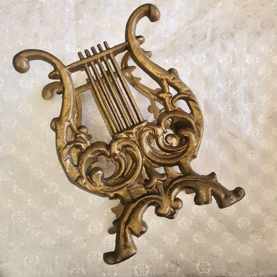 Vintage Gold Iron Cast Metal Harp Lyre Magazine Book Sheet Music Rack ...