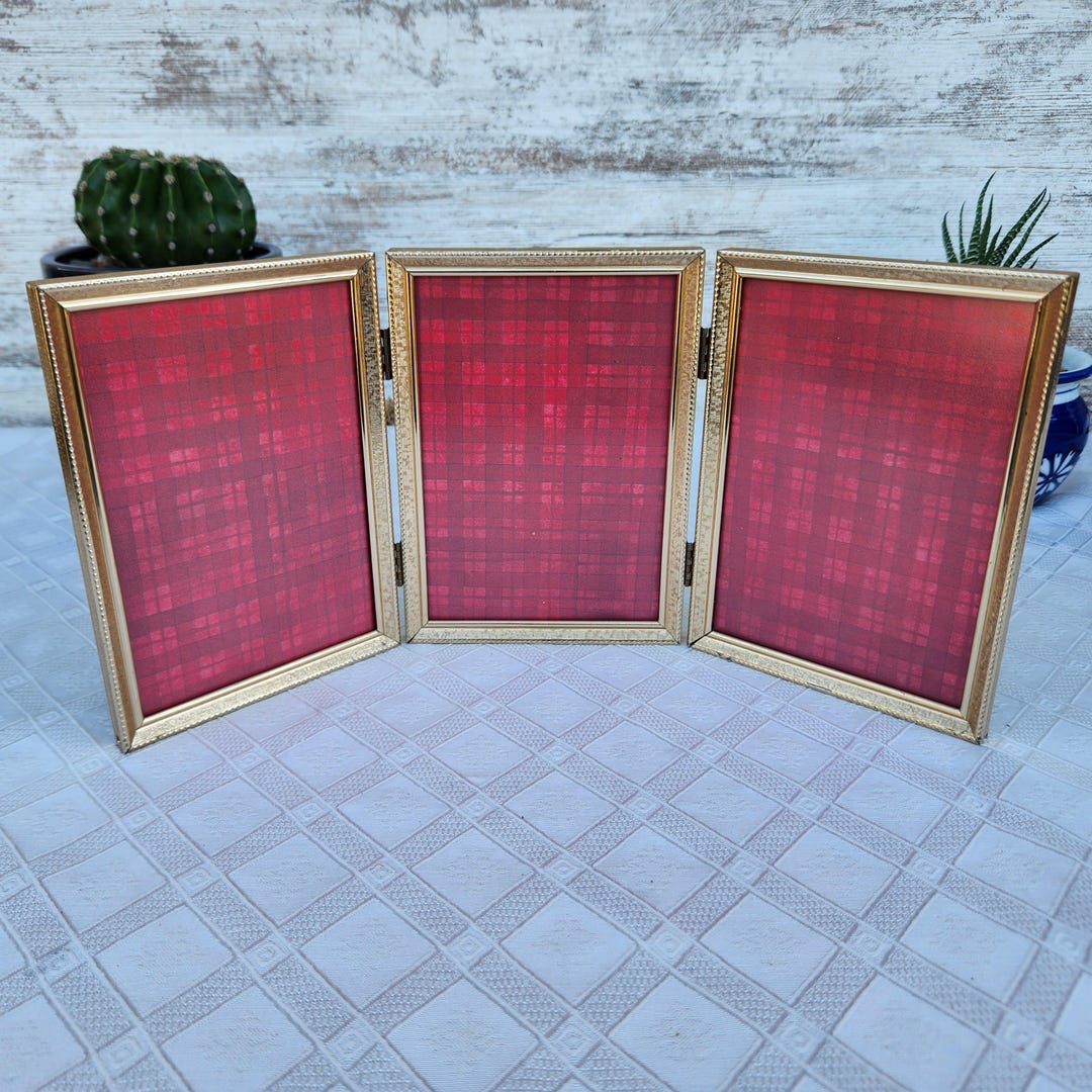 Triple Tri-fold Hinged Picture Frame, Gold Tone Photo Frame With Glass ...