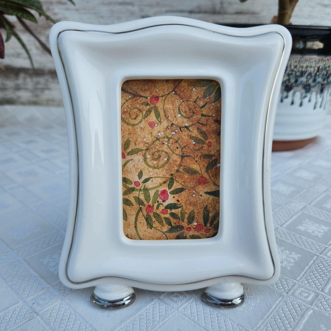 White Ceramic Wallet Sized Picture Frame With Silver Trim, Glass and ...