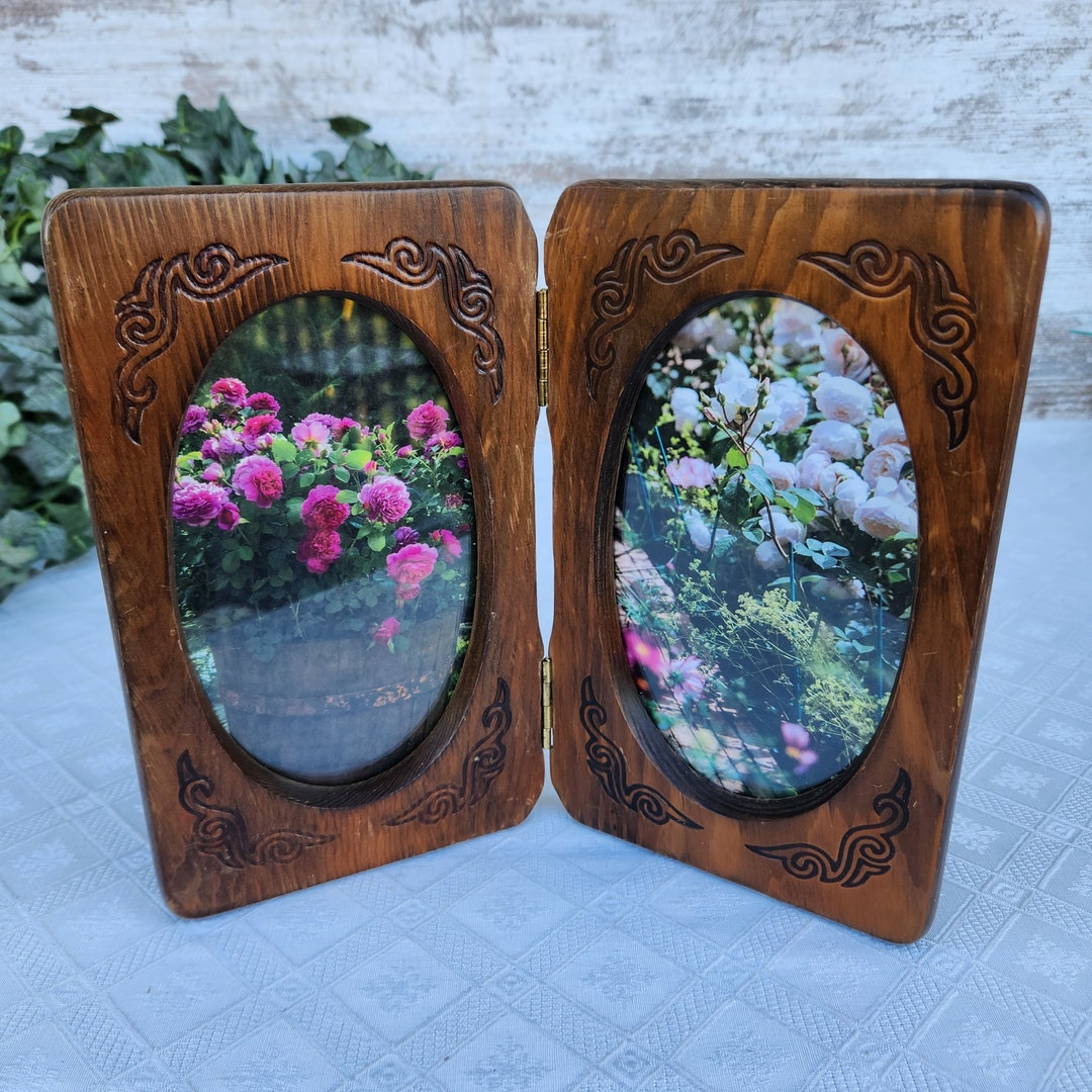 Double Bi-fold Hinged Picture Frame With Scrollwork, Wooden Handcrafted ...