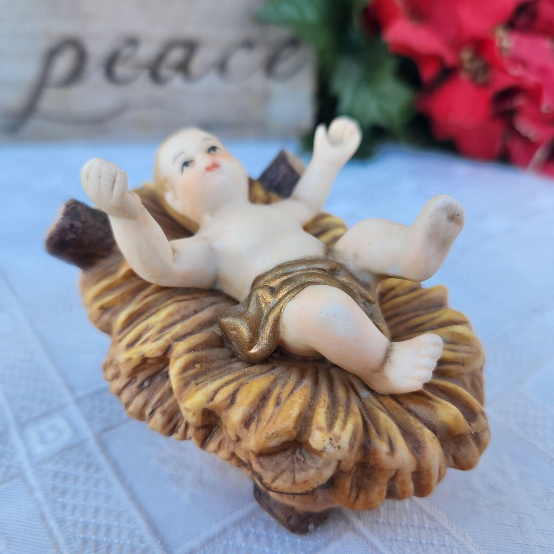 Ceramic Baby Jesus in Manger 3D Figurine, Matte Bisque, Nativity Set ...