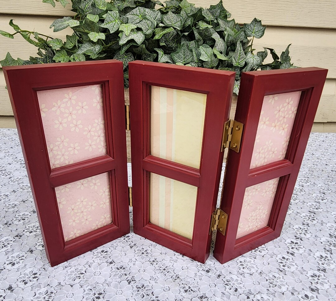 Burgundy Cherry Plastic Tri-fold Hinged Picture Frame for Six Wallet ...