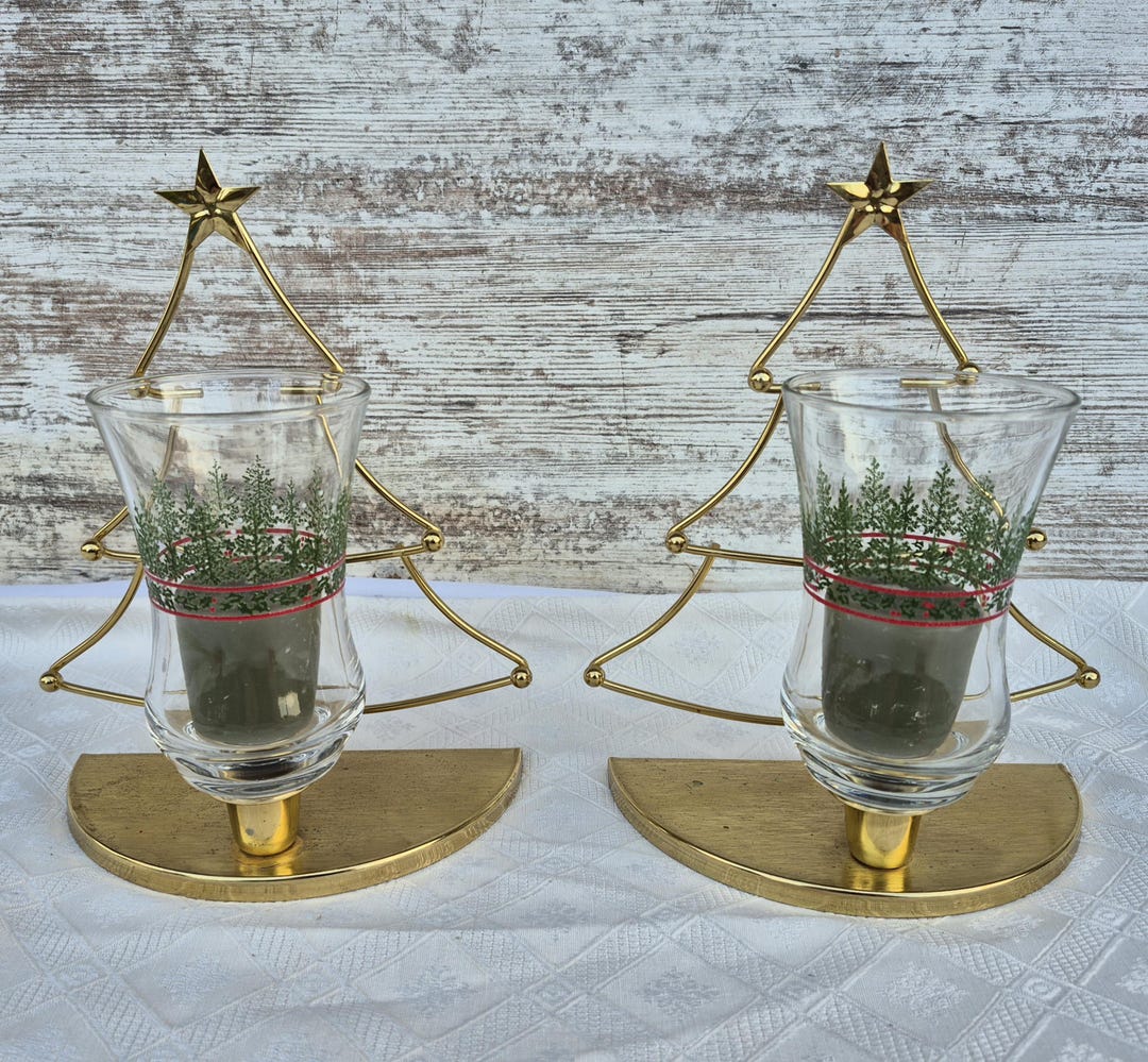 Set of Two Christmas Tree Brass Sconces With Glass Peg Votive Cups ...