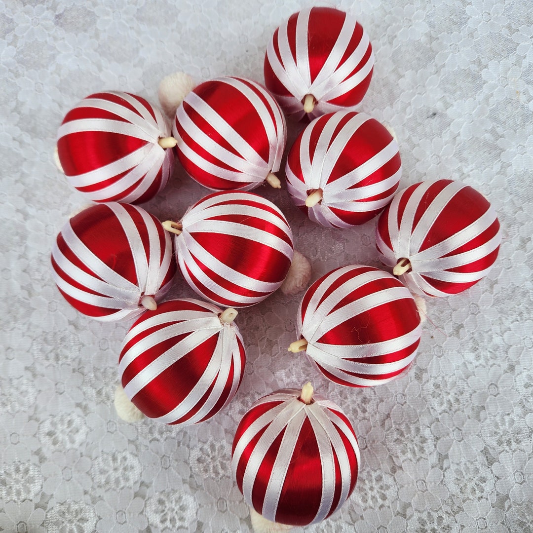 Red String Satin Ball Ornaments, Set of 10, White Ribbon and Pom Poms ...