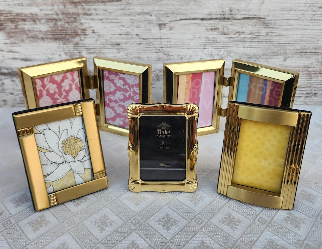 Set of Five Gold Solid Brass Picture Frames With Glass for Wallet Sized ...