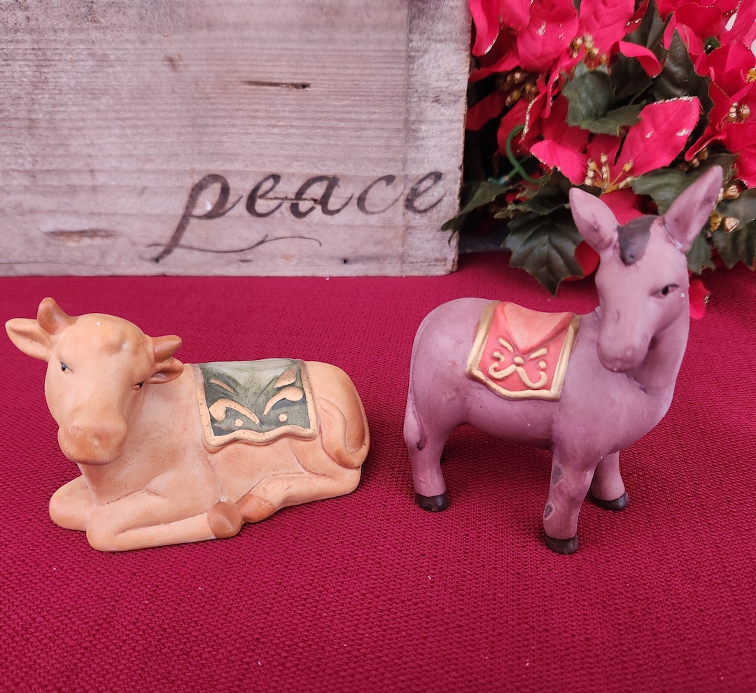 Cow and Donkey Ceramic Child's Nativity Scene Stable Animals, Set of 2 ...