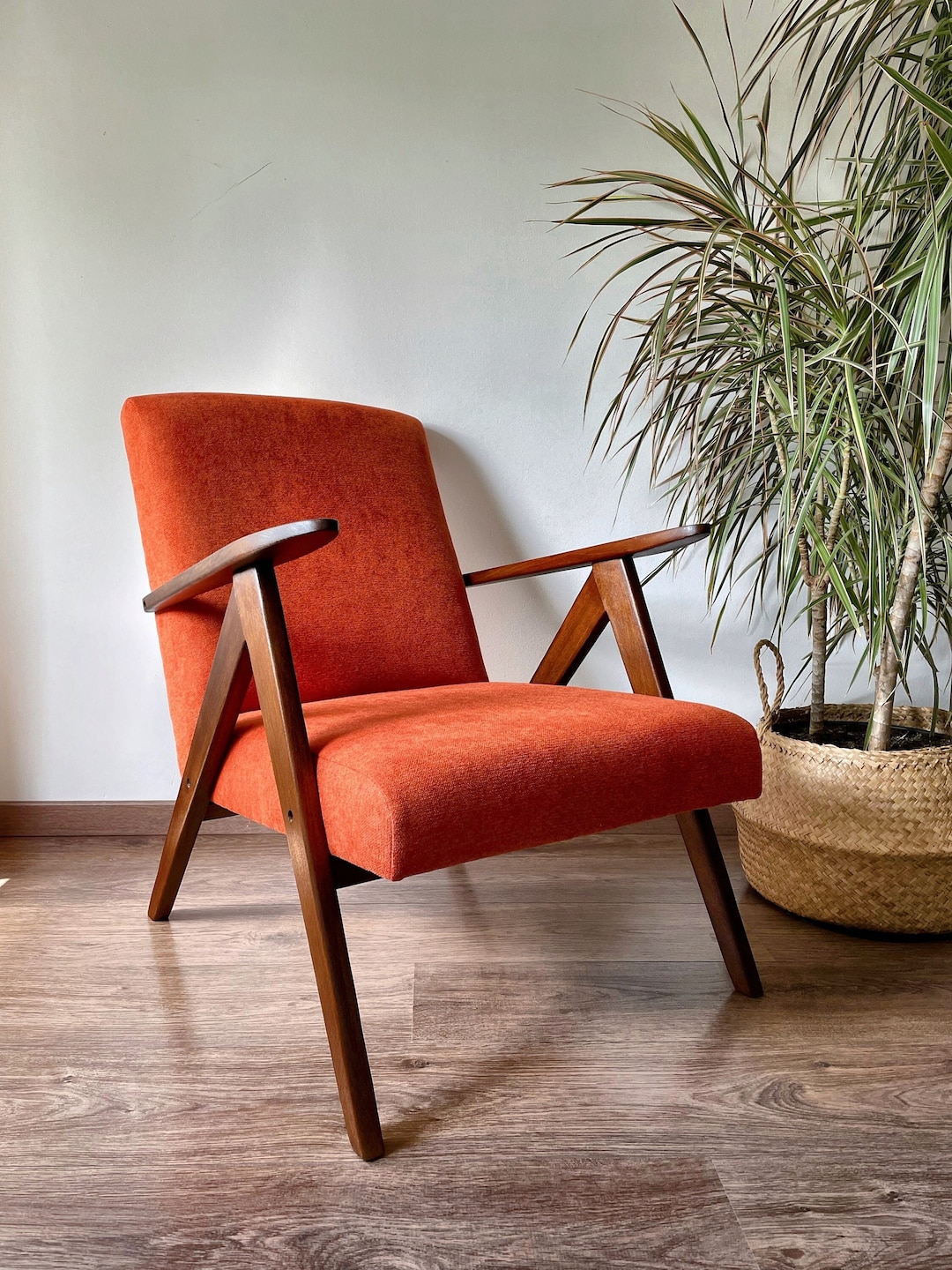 Burned Orange Linen Mid Century Vintage Danish Style Armchair 1960s-70s ...