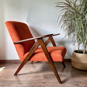 Burned Orange Linen Mid Century Vintage Danish Style Armchair 1960s-70s ...