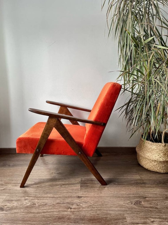 Burned Orange Velvet Mid Century Vintage Danish Style Armchair 1960s 70s Etsy
